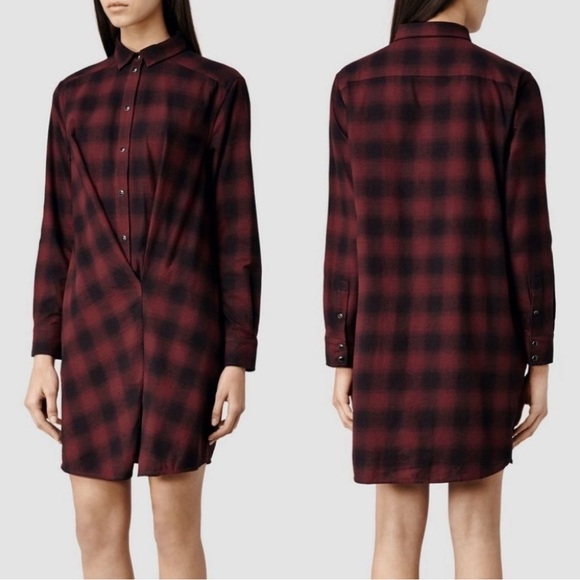 All Saints | Dresses | All Saints Red Black Plaid Collared Button Down ...